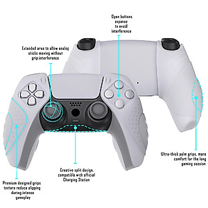 PlayVital Guardian Edition Ergonomic Soft Controller Silicone Case Grips for ps5 Compatible with Charging Station Rubber Protector Skins with Thumbstick Caps for ps5 Controller - Clear White