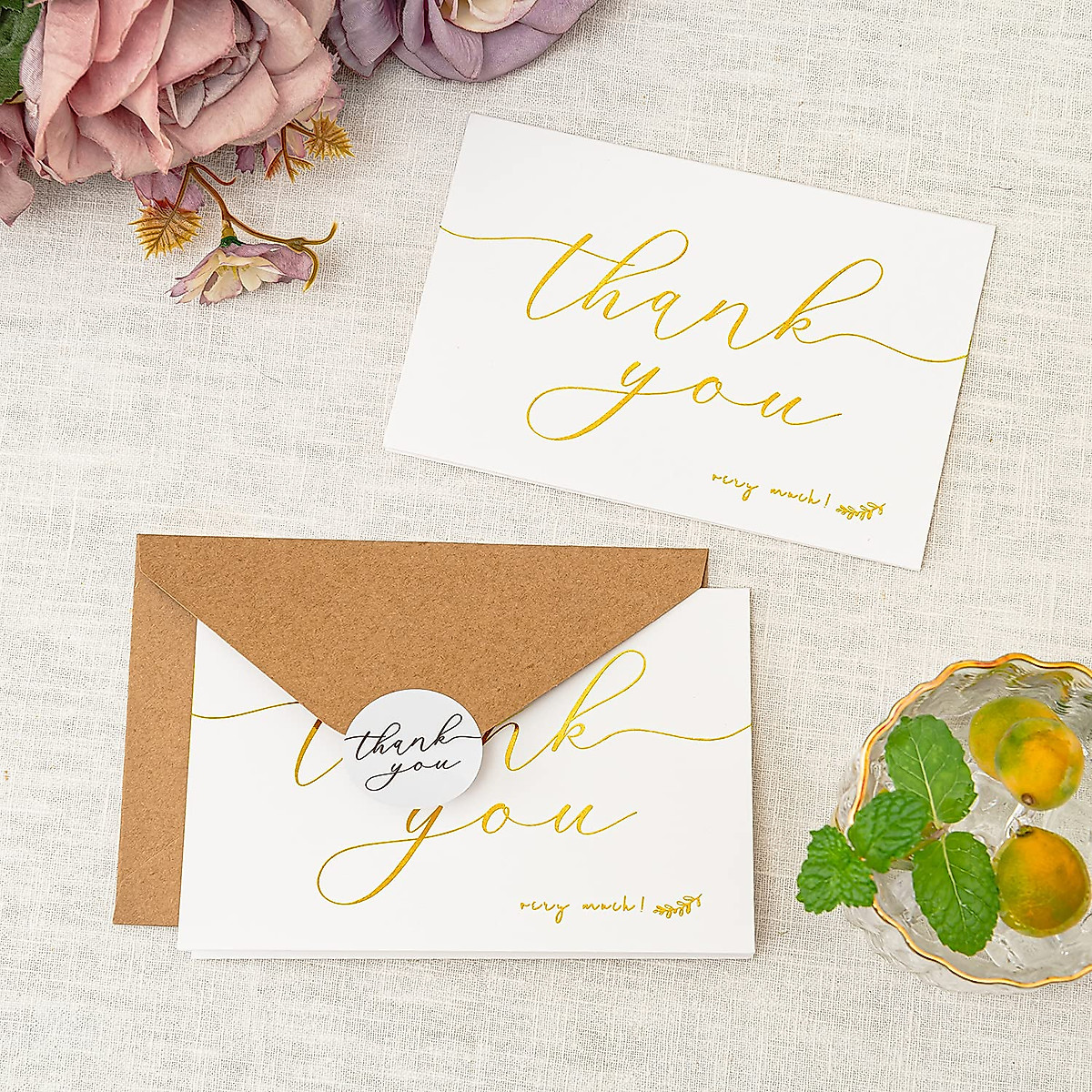 Crisky 50 Pcs Gold Foil Thank You Cards With 50 Envelopes & 50 Stickers Simple, Chic, Elegant Greeting Cards Perfect for: Wedding/Business/Birthday/Graduation etc. 4 x 6 inches 50 Pack