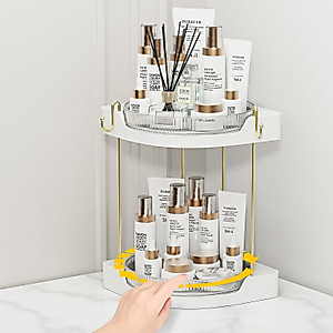 Asayuee 2-Tier Corner Bathroom Counter Organizer with Spinning Tray, Corner Skincare Organizers, Large Bathroom Countertop Organizer, Exquisite Vanity Organizer (Clear, 2-Tier)