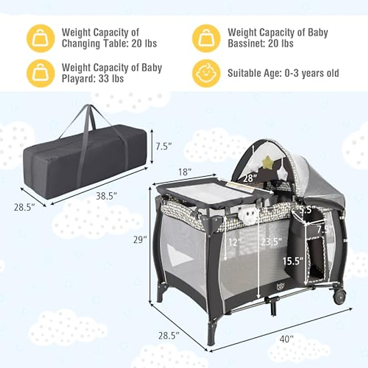 BABY JOY 4 in 1 Pack and Play, Portable Baby Playard with Bassinet, Adjustable Canopy, Changing Table, Lockable Wheels, Glowing Music Box, Travel Baby Crib Bassinet Bed from Newborn to Toddler Grey