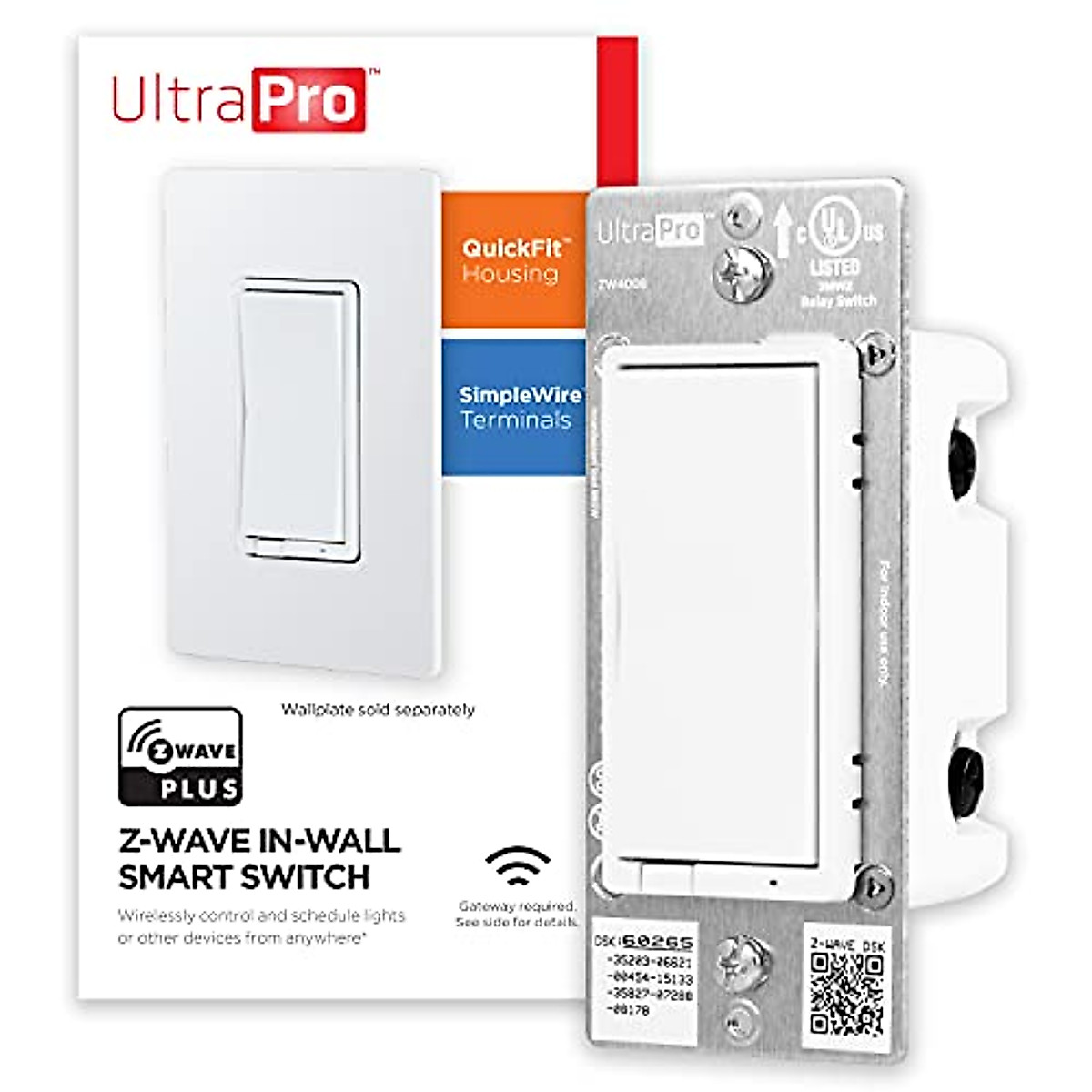 UltraPro Z-Wave Smart Rocker Light Switch with QuickFit and SimpleWire, 3-Way Ready, Compatible with Alexa, Google Assistant, ZWave Hub Required, Repeater/Range Extender, White Paddle Only, 39348