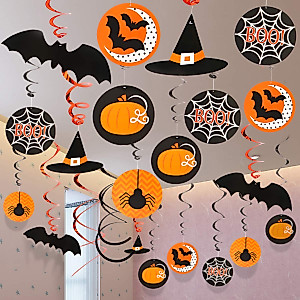 30 Pieces Halloween Hanging Swirl Party Decorations,Witches and Bats Ceiling Hanging Party Favor Indoor Decoration for Kids