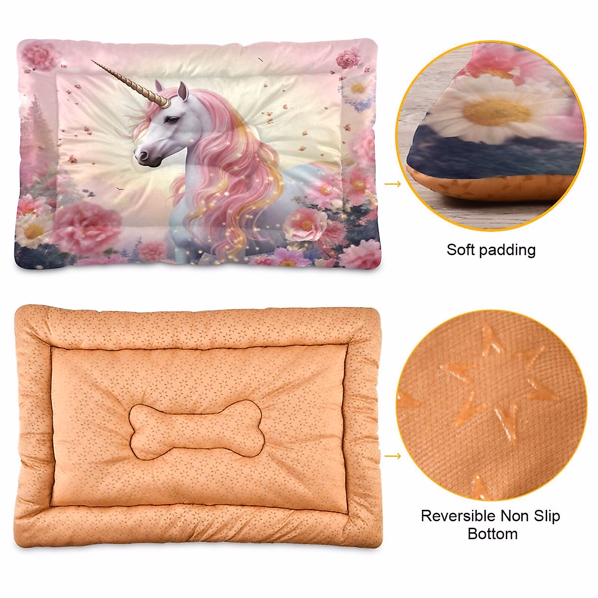 Kigai Unicorn Flowers Pet Bed Mat, Soft Cozy Crate Pet Mattress, Anti-Slip Bottom Machine Washable Pet Mat for Dog Sleeping