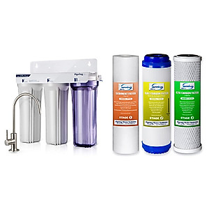 iSpring US31 Classic 3-Stage Under Sink Water Filtration System, Tankless, High Capacity, Sediment + Carbon + Carbon & F3 6-Month Prefilter Replacement Supply Filter Cartridge Pack Set, F3, White
