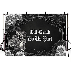AIBIIN 7x5ft Halloween Till Death Do Us Part Backdrop Spooky Skull Gothic Wedding Party Decorations Supplies Bridal Shower Bride and Groom Mr and Mrs Anniversary Party Banner Photo Shoot Props