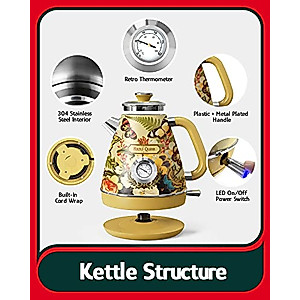 Hazel Quinn X Eduardo Recife Collaboration Electric Kettle with Thermometer - 1.7 Litres / 57.5 Ounces Retro Tea Kettle, All Stainless Steel, Fast Boiling 1200W, Cordless, BPA-free, Automatic Shut-Off