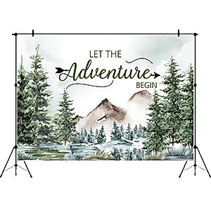Aperturee Adventure Awaits Baby Shower Backdrop 7x5ft Let The Begin Pine Tree Mountain Wilderness Woodland Animals Photography Background Forest Party Decorations Photo Booth Props, multicolor