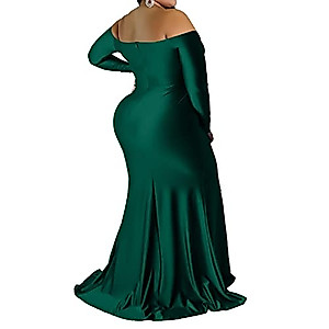 Uni Clau Women Elegant Plus Size Off Shoulder V Neck Long Sleeve Ruched Dress High Split Formal Party Night Maxi Dresses Green XL