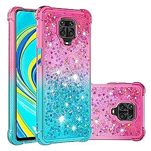 Xiaomi Redmi Note 9S/9 Pro/9 Pro Max Case Transparent Glitter Bling Sparkly Crystal Clear Flowing Liquid Silicone Cover (Pink-Blue)