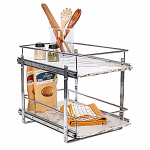 Household Essentials Faux Marble C53345-1 Glidez 2-Tier Kitchen Cabinet Organizer | Pull Out Shelves for Storage | 22 in D x 14.5 in W x 17 in H Wide