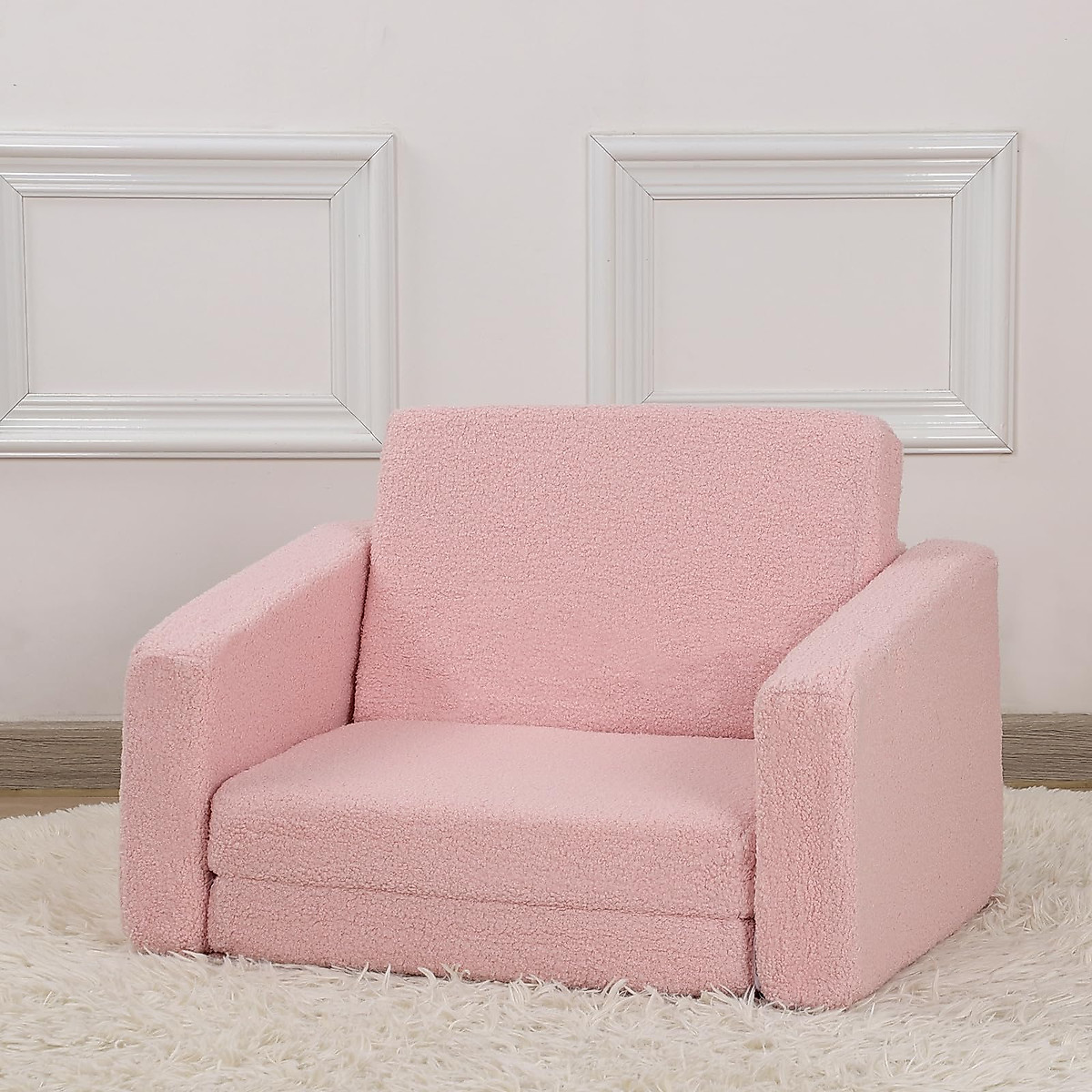 Flip Out Foam Kid Sofa Chair,2 in 1 Convertible Sofa to Lounger for Childrens up to 3 Years,Sherpa Flip Open Toddler Sofa Couch for Kid Play， for Baby Gifts (22.04" W) (Pink)