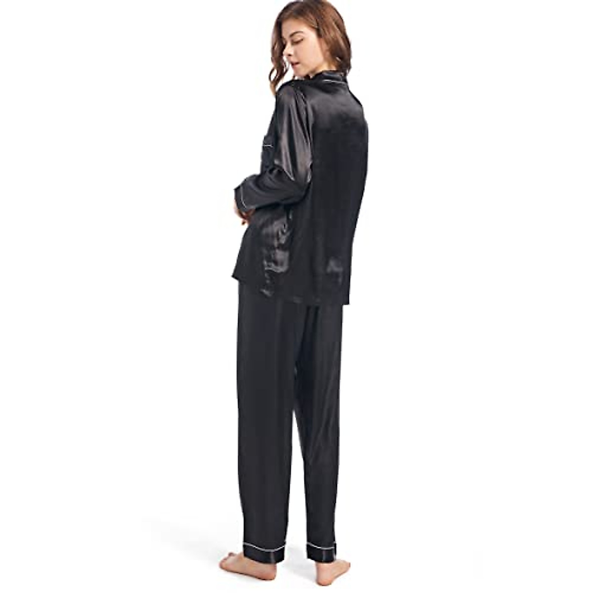 Fivali Womens Silk Satin Pajamas Long Sleeve Pj Set Two-piece Sleepwear Silky Button-down Nightwear Soft Loungewear Sets, XXL Black