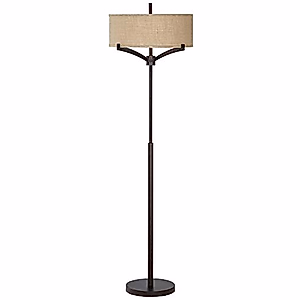 Franklin Iron Works Tremont Modern Mid Century Floor Lamp Standing 62" Tall Deep Bronze Metal Tan Burlap Drum Shade for Living Room Reading Bedroom Office House Home Decor