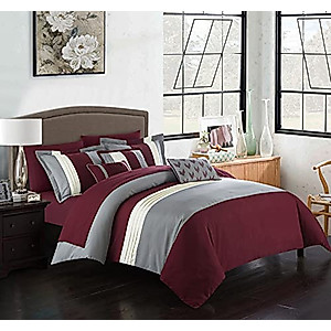 Chic Home Ayelet 10 Piece Comforter Set Color Block Ruffled Bag Bedding, Queen, Burgundy