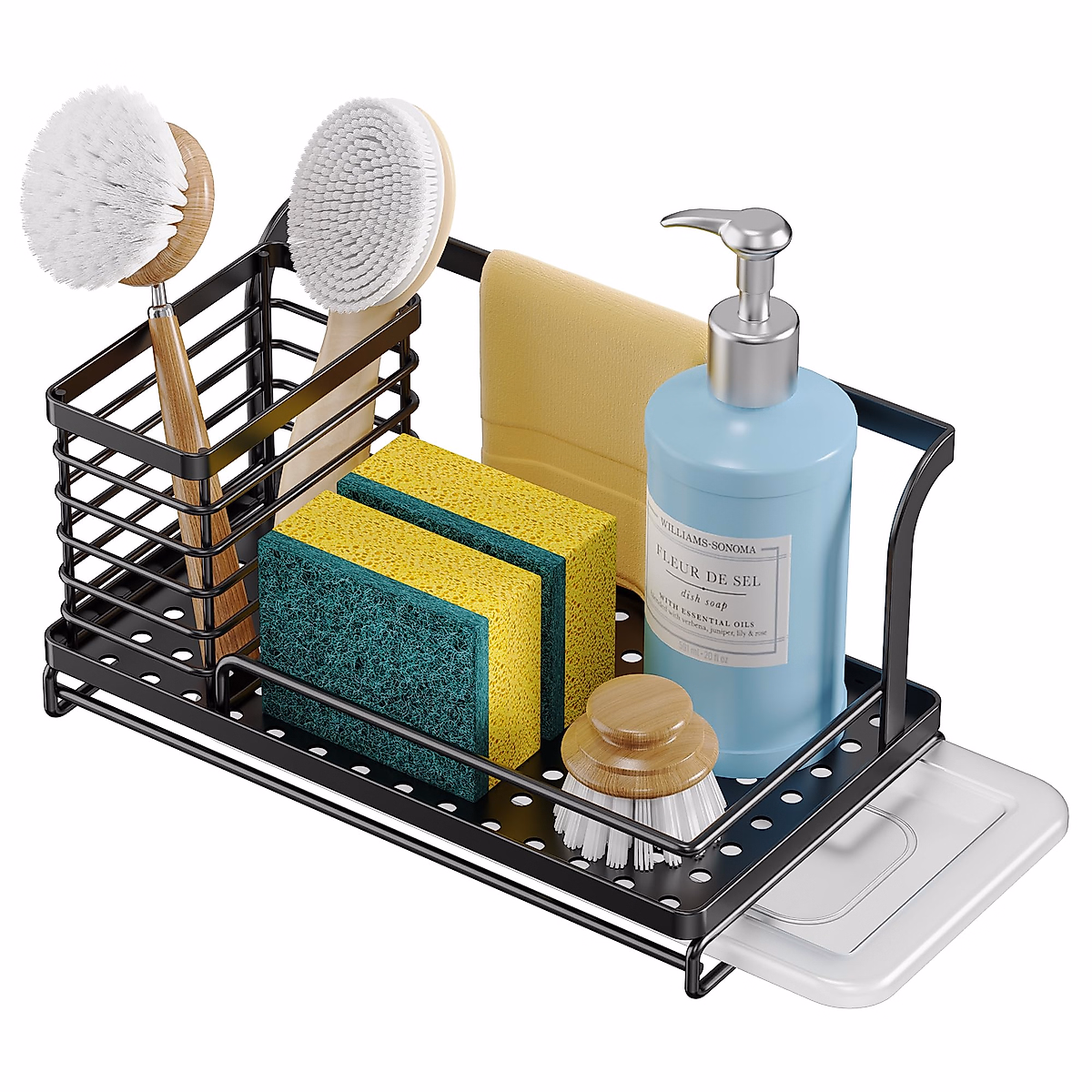 Nieifi Sink Caddy Organizer Countertop Sponge Brush Soap Holder with Drain Pan Stainless Steel for Kitchen Black