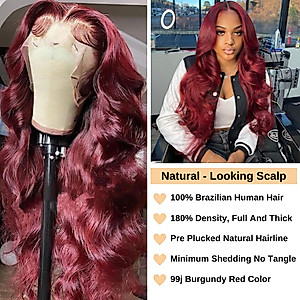 AOSUN 99j Burgundy Lace Front Wigs Human Hair Glueless Wine Red Colored Body Wave Wigs Pre Plucked with Baby Hair 180 Density 13x4 HD Transparent Frontal Wigs for Women