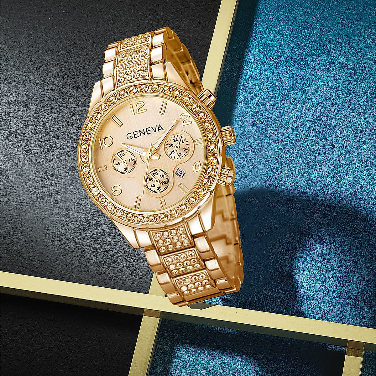 FANMIS Unisex Luxury Pave Floating Crystal Diamonds Calendar Quartz Watch with Stainless Steel Link Bracelet (B Gold)