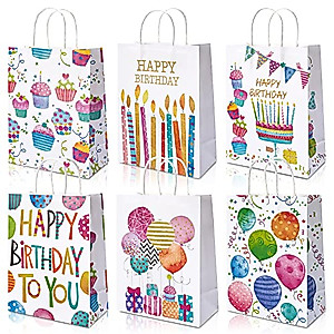 AnyDesign 12Pcs Birthday Gift Bag with Handle Colorful Happy Birthday Paper Favor Bags Watercolor Candle Balloon Cupcake Print Party Bags for Baby Shower Girls Boys Candy Cookie, 5.9 x 8.3 x 3.1 In
