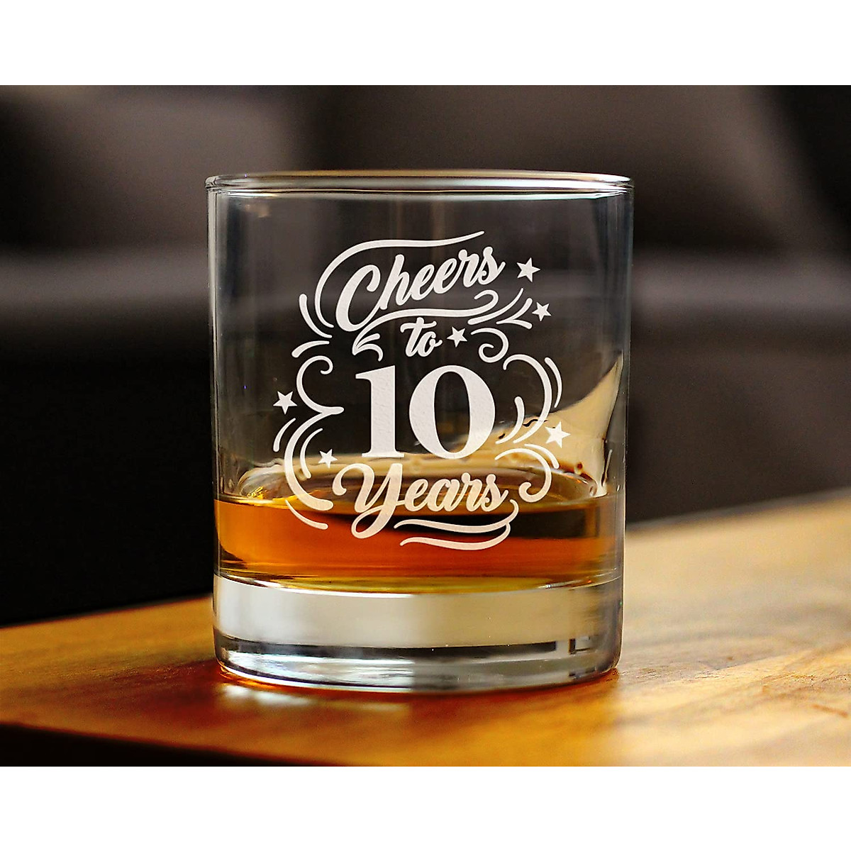 Cheers to 10 Years - Whiskey Rocks Glass Gifts for Women & Men - 10th Anniversary Party Decor - 10.25 Oz Glass