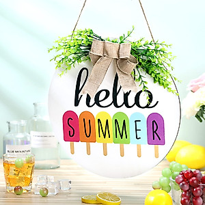 Jetec Hello Summer Door Sign Rustic Ice Lolly Wooden Door Sign Hanging Round Porch Decor with Burlap Bow Wreaths Front Door Decor for Summer Farmhouse Home Porch Garden Yard Decor, 11.8 Inch (White)