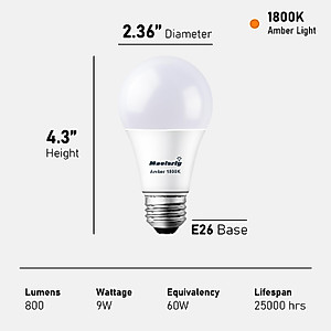Maelsrlg Sleep Light Bulb, 60 Watt Equivalent, Dimmable, Blue Light Blocking LED Bulb, A19 E26 Base, 1800K Amber Light Bulbs, 9W 800 Lumen, Warm Light Bulbs, 4-Pack