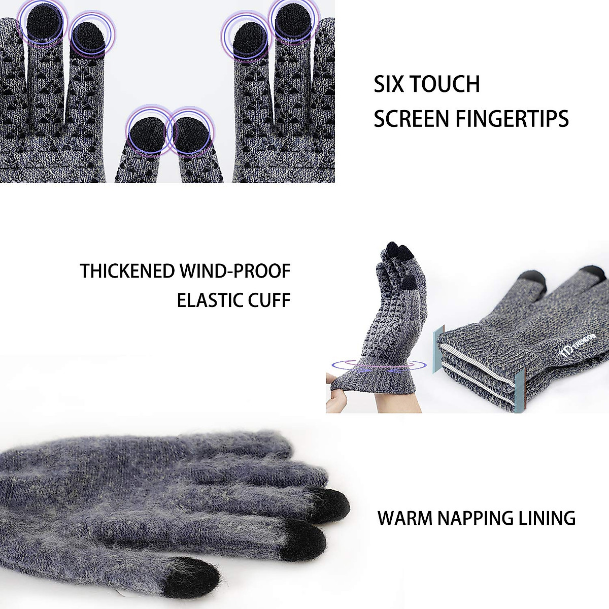 TRENDOUX Winter Gloves, Knit Warm Texting Touch Screen Gloves for Men Women - Anti-Slip - Elastic Cuff - Thermal Soft Lining - Hands Warm in Cold Weather - Light Gray - M