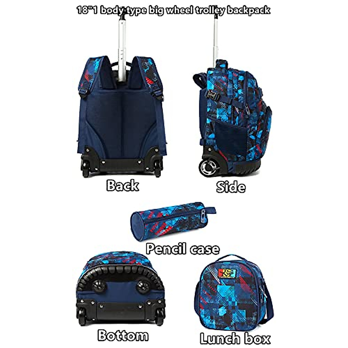 Egchescebo Kids 3PCS Rolling Backpack 18" for Boys with Lunch Bag Pencil Case School Bags Wheeled Backpack Travel Kids' Luggage Wheeled Bags Trolley Fashion Space Starry Sky Printed Durable Bookbag with Big Wheels Blue