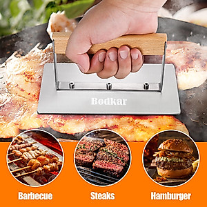 bodkar Smash Burger Press Stainless Steel Rectangular Burger Smasher with Wood Handle, Grill Press Meat Flattener Tool for Flat Top Griddle Grill Cooking