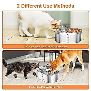 Cat Water Fountain and Food Bowl, 101oz/3L Automatic Stainless Steel Pet Water Fountain for Cats Inside, Ultra Quiet Cat Fountain Water Bowl, Pet Dog Water Dispenser with Water Level Window