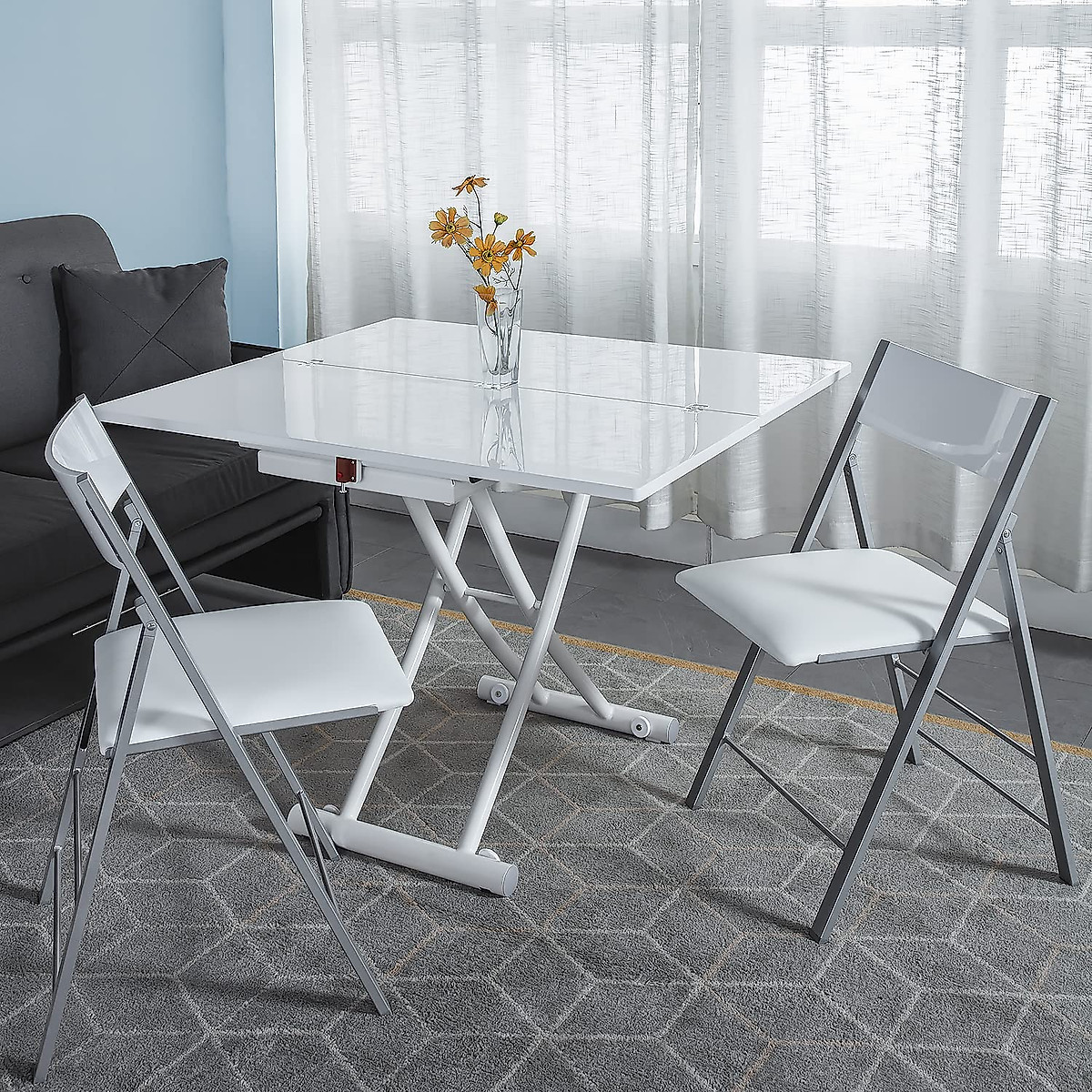 MYSELFLY Living Room Dinning Tables Folding Metal Lift Bracket Multifunction Transform Dinner Kitchen Coffee Tea End Table in Home Wood Desktop Design 40x35 White