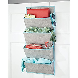 mDesign Soft Fabric Over The Door Hanging Storage Organizer with 4 Large Pockets for Closets in Bedrooms, Hallway, Entryway, Mudroom - Hooks Included - Textured Print - Gray/Teal Blue