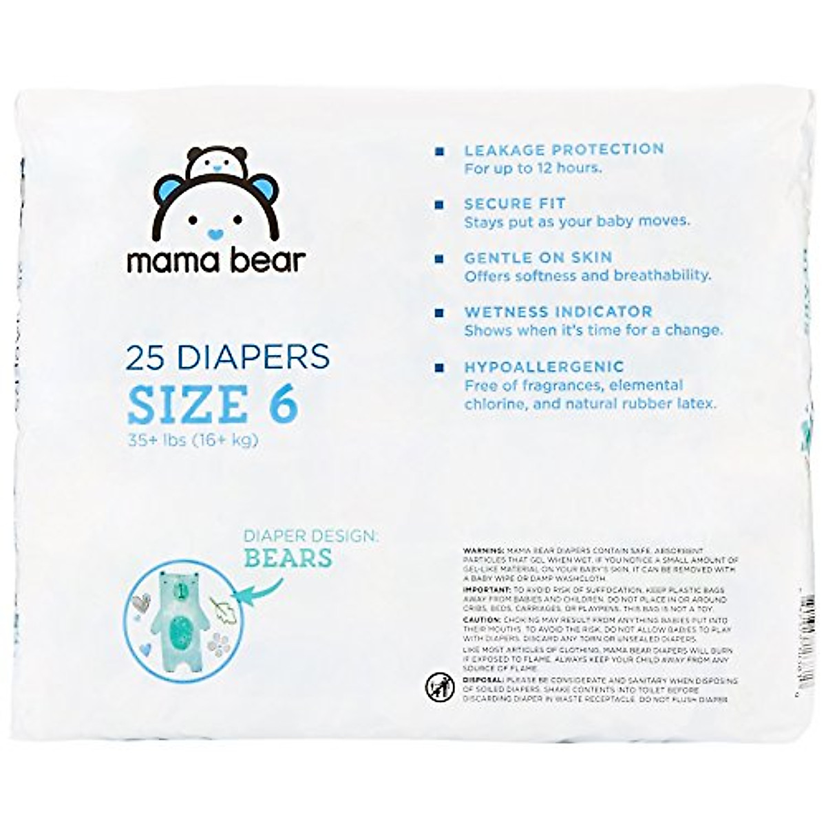 Amazon Brand - Mama Bear Diapers Size 6, 25 Count, Bears Print, White