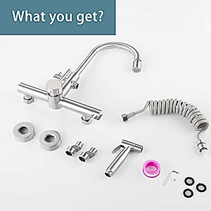 Wall Mount Kitchen Faucet 8 Inch Faucet Brushed Nickeled Faucet for Kitchen, with Spray Gun and 2 Water Jet, Swivel 360° spout Wall Faucet, Wall mounting Kitchen Faucet