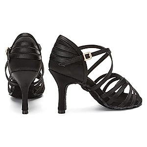 SWDZM Women's Latin Dance Shoes Open-Toe Silk Salsa Tango Ballroom Professional Practice Performance Dance Shoes,Heel-3 1/3'',WZSP2324 Black 8 US