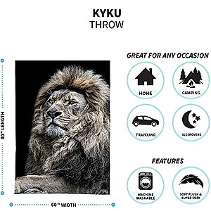 KYKU Lion Blankets for Adults Animal Throw Blanket for Kids Face Black Fleece Home Decorative Living Room Sofa Hug Nap Travel Car Soft Warm Cozy 3D Printed Design Gifts (Black, 60" × 80")