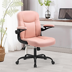 YAMASORO Executive Office Chair Pink Mid-Back Office Desk Chairs with Wheels and Flip-up Arms Leather Computer Chair for Girls,Women