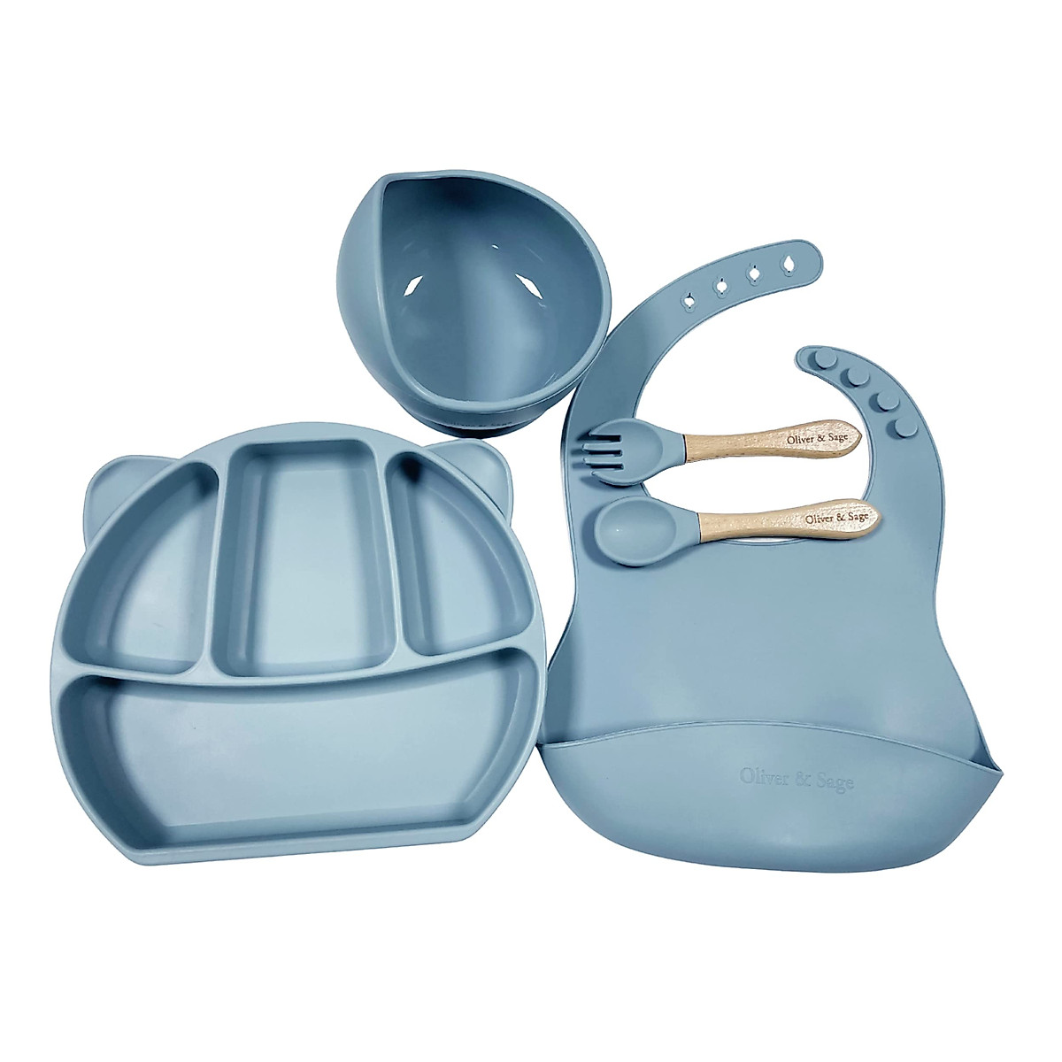 Oliver & Sage Baby, Toddler Silicone Feeding Set, Tableware Set | BPA Free | Suction Bowl Suction Plate | Adjustable Bib | Wooden Spoon/Fork Utensils | Waterproof | Easy Clean|5 Piece (Dusty Blue)