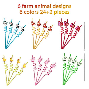 24 Reusable Farm Animal Plastic Straws Chicken Sheep Horse Cow Pig for Barnyard Farm Birthday Party Supplies Gift Favors with 2 Cleaning Brushes
