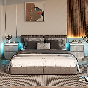 Furmax Nightstand with LED Light, Set of 2 Night Stand with Drawers, White Bedside Table, Modern End Side Table for Bedroom