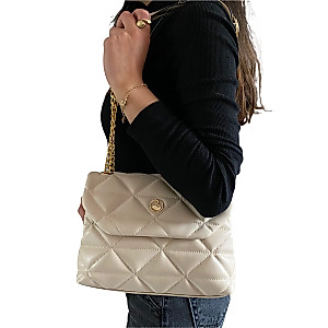 SANMORRİS Crossbody Bag for Women, Medium Shoulder Bag Vegan Purses and Handbags with Faux Leather and Chain.(Cream color)