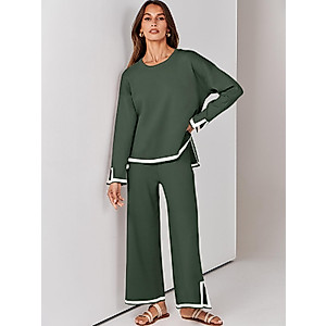 ANRABESS Women's Two Piece Outfits Long Sleeve Knit Pullover Sweater Tops & Wide leg Pants Casual Lounge Matching Sweatsuit Tracksuits Sets Army Green Large