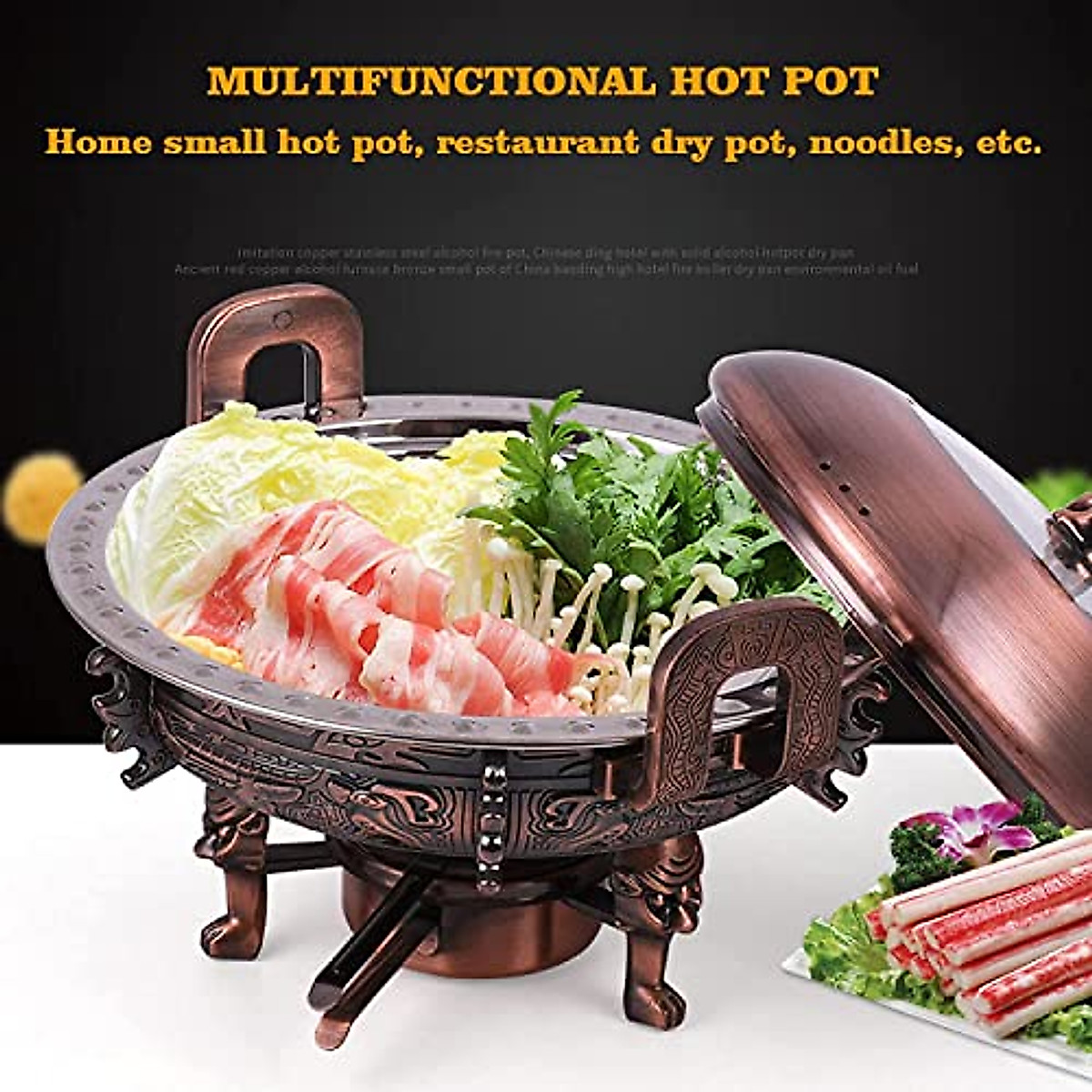 Retro Hot Pot Shabu Shabu Pot 1.3L Small Hotpot with Alcohol Stove - Single Person Soup Boiler Food Warmer Chafing Dish Set, Fuel not Included (Color : Red Copper)