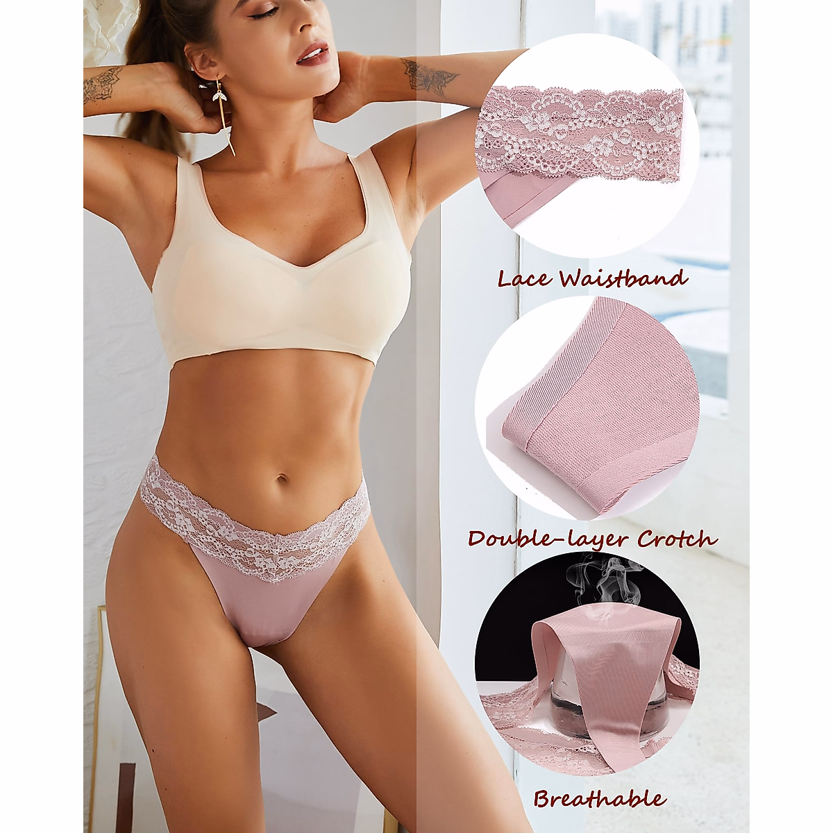 ALL OF ME Sexy Thongs for Women Seamless Underwear V-shape Lace Waistband T-back Tangas for Ladies 6 Pack S-XL