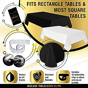 Plastic Table Cloths for Parties Disposable, Pack of 12, Thick White Tablecloth Good for Wedding, Birthday, Picnic Camping, also 12 Clips for disposable tablecloths for rectangle tables - 54x108-inch