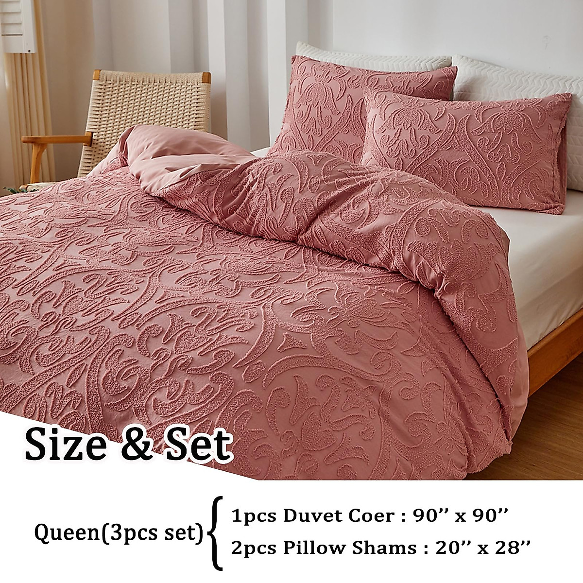Warmarky Pink Duvet Cover Queen Size Boho Tufted Duvet Cover Queen(90x90’’) Soft Breathable Cation Microfiber Light-Weight Bedding Set,1pcs Comforter Cover,2pcs Envelop Pillowcase
