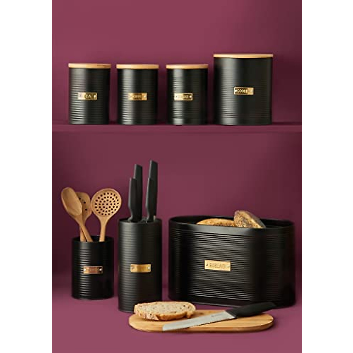 Typhoon Living Otto Airtight Sugar Storage Canister with Bamboo Lid, 1.4 Litre, Matte Black/Gold