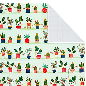 Hallmark Cute Christmas Flat Wrapping Paper Sheets with Cutlines on Reverse (12 Folded Sheets with Sticker Gift Tags) Pink, Mint Green, Plants, Cactus, Presents, Ornaments