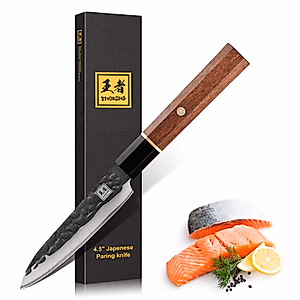 ENOKING Japanese Paring Knife 4.5 Inch, High Carbon Steel Hand Forged Japanese Knife, 5 Layers 9CR18MOV Kitchen Chef Knife, Fruit Knife with Octagonal Rosewood Handle (Gift Box)