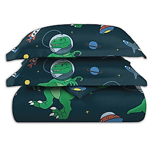 Dinosaurs Spaceship Duvet Cover Twin Size Comforter Cover Soft Bedding Sets 3 Piece with 2 Pillow Shams for Boy Gril