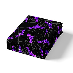 Purple Glitter Bat Duvet Cover Set Full Size Spider Web Bedding Set 3Pcs Happy Halloween Theme Comforter Cover for Kids Boys Girls Teens Room Decor Fashion Gothic Black Quilt Cover,2 Pillowcases